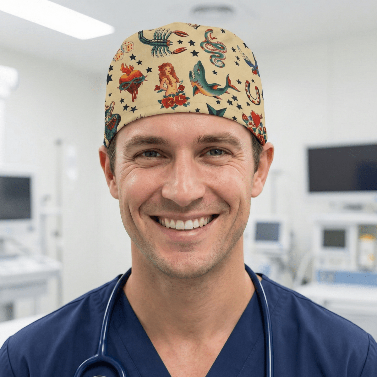 Sea Pirates Tattoo Scrub Cap - Stylish and Unique Design – Medicus Caps
